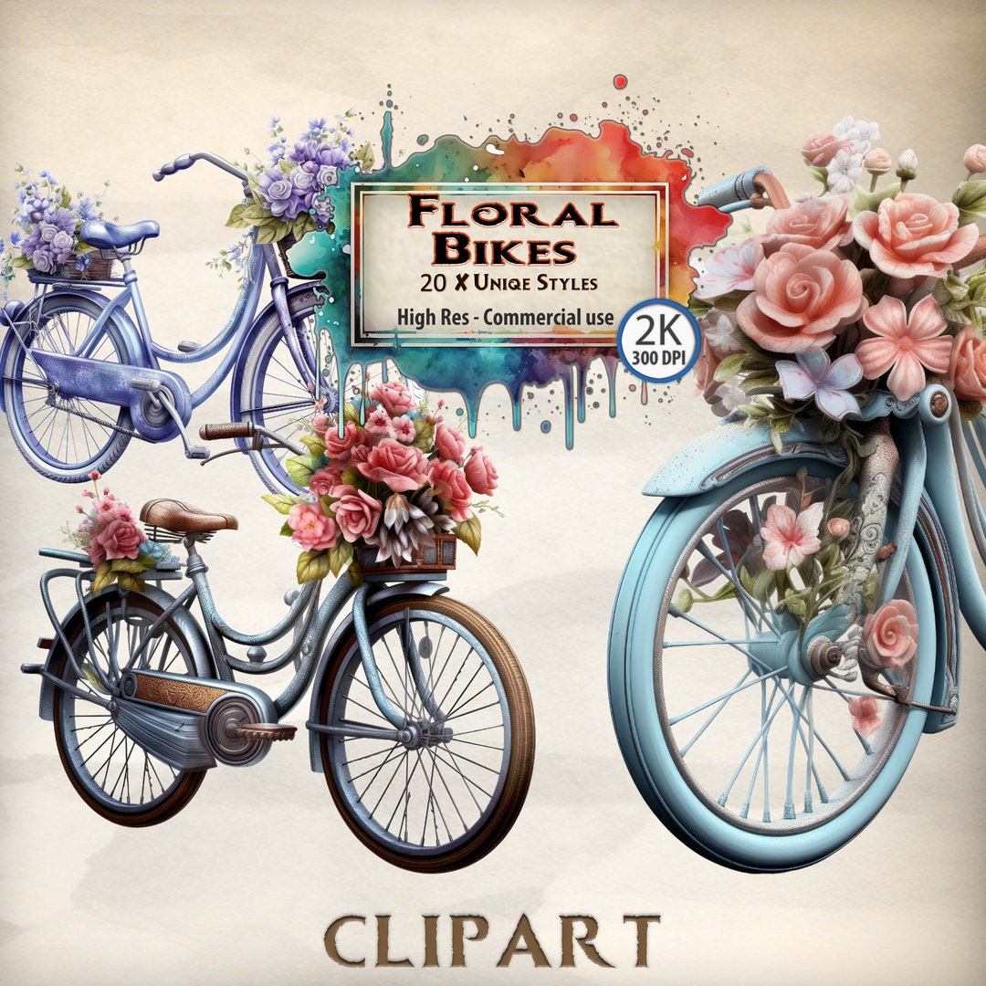 Floral Bikes Clipart Flower Bicycle Illustrations Cycling an Botanical ...