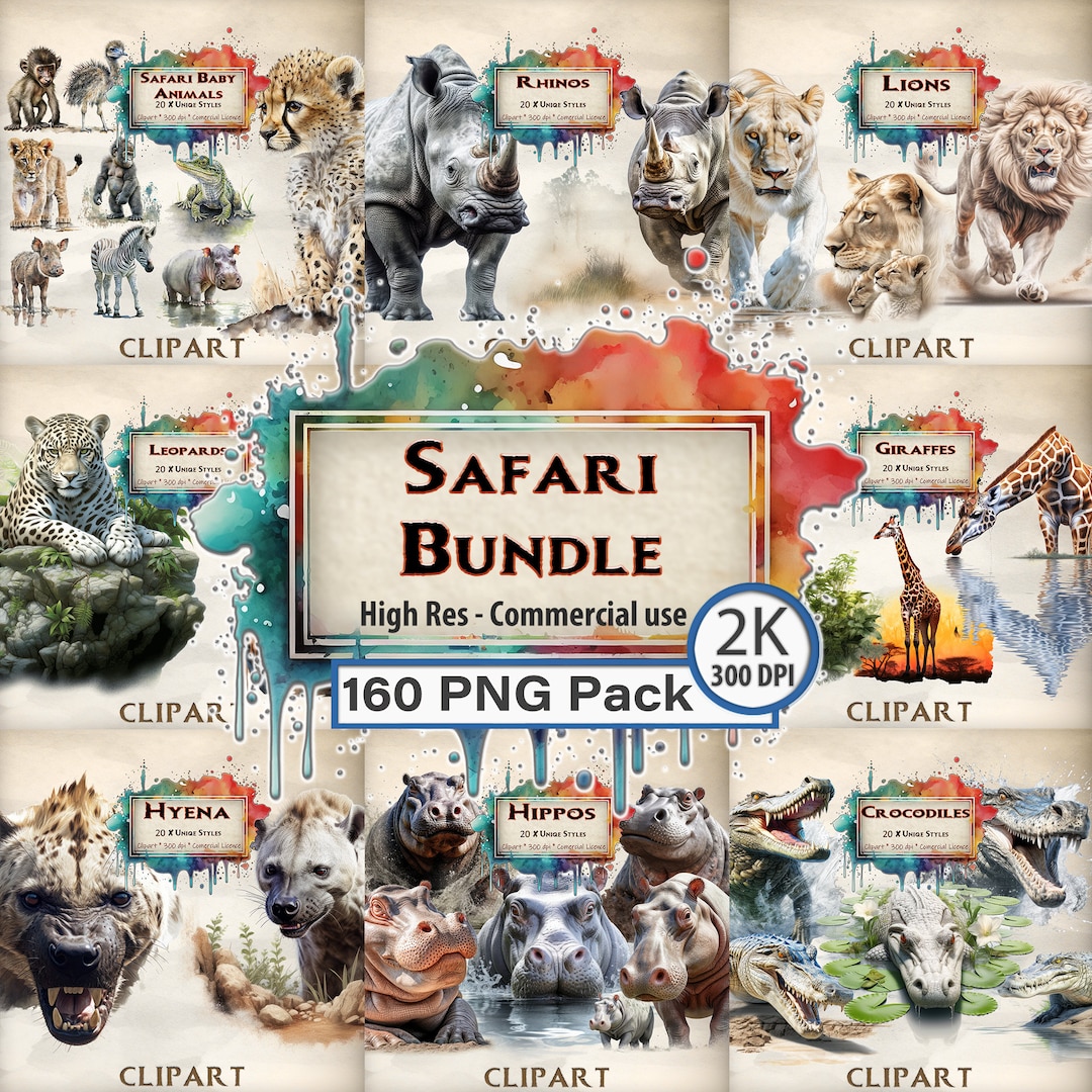 Animal Clipart Bundle Massive Safari PNG Rhinos Lions Leopards Giraffes ...