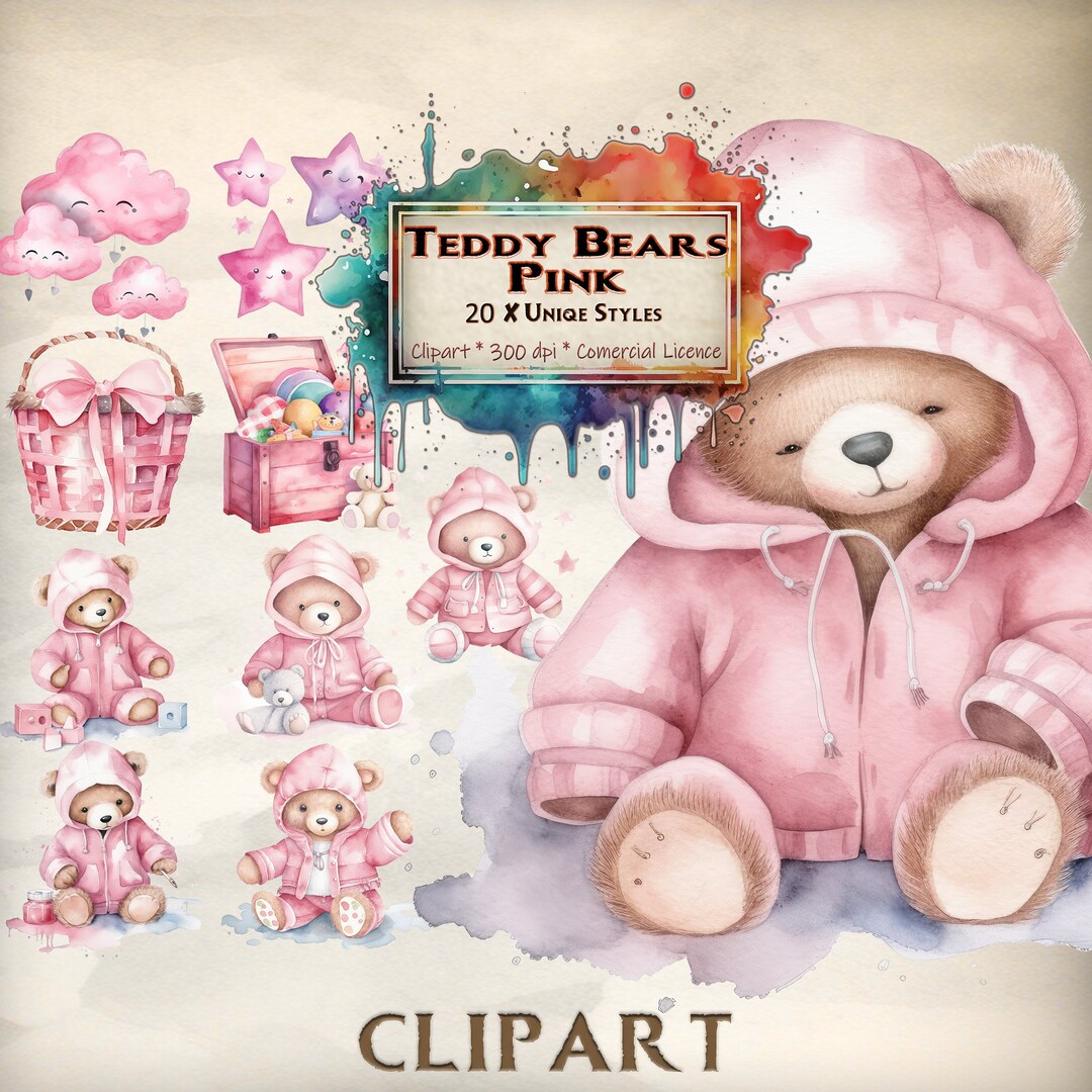 Watercolor Teddy Bear Clipart Pink Girl Clip Art Cute Baby - Etsy