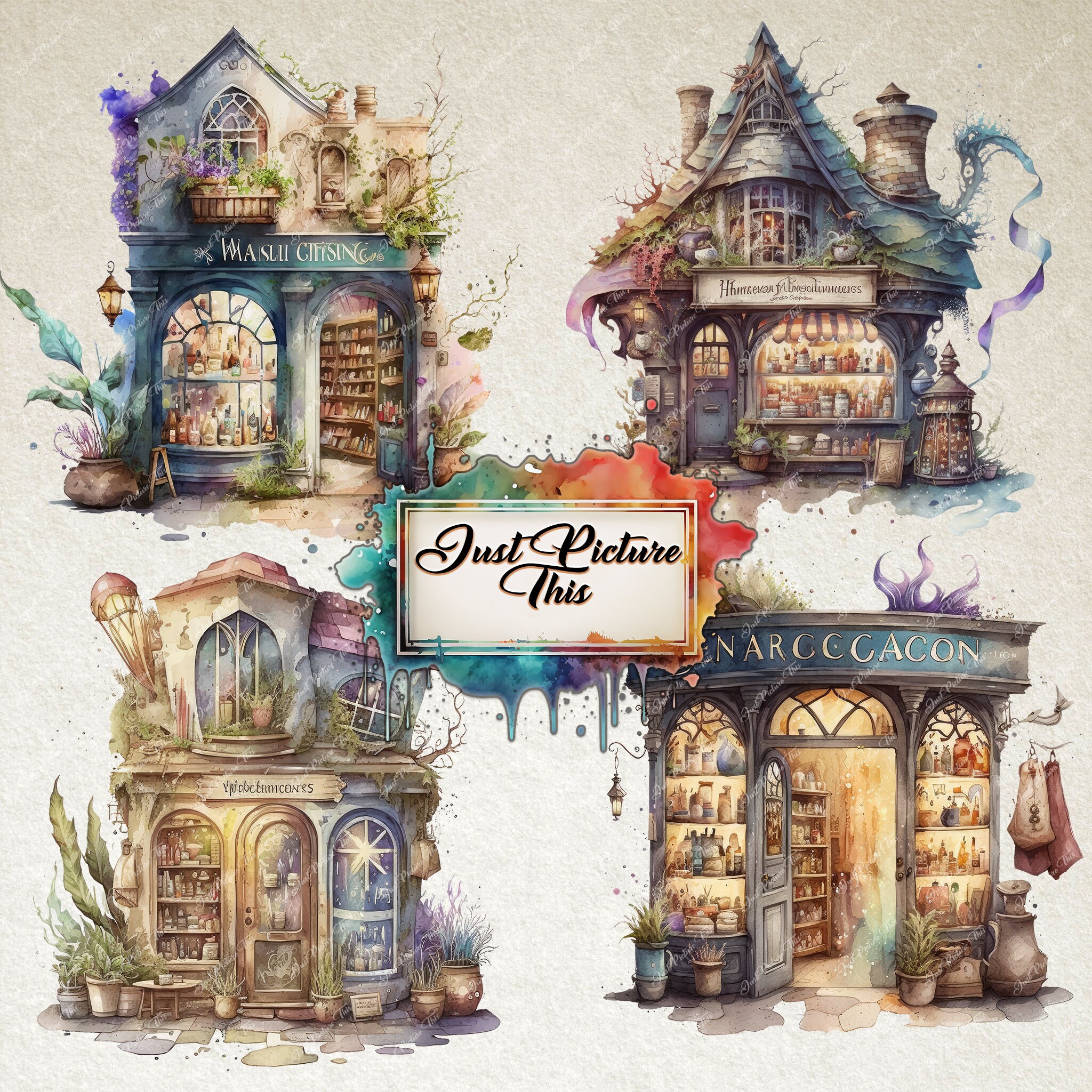 Watercolor Magic Shops Clipart: Fantasy Spells PNG Bundle (digital ...