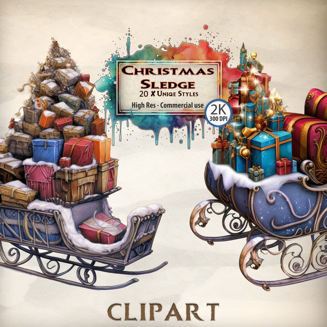 Christmas Sledge Clipart Sleigh & Presents Santa Gifts Illustrations ...