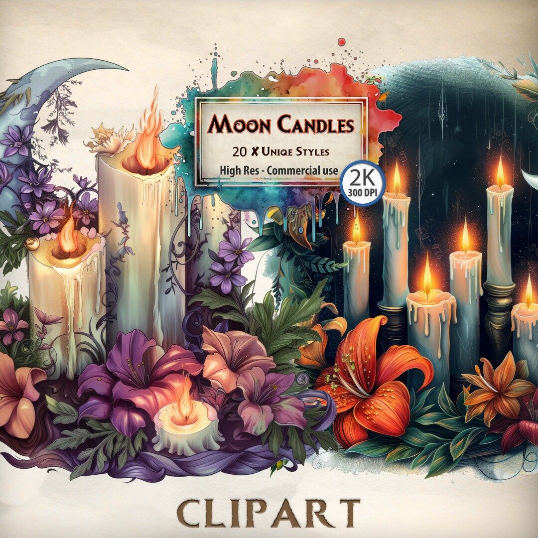 Moon Candles Clipart Bundle: Mystical Candle Illustrations With Lunar Motifs for Spiritual Art ...