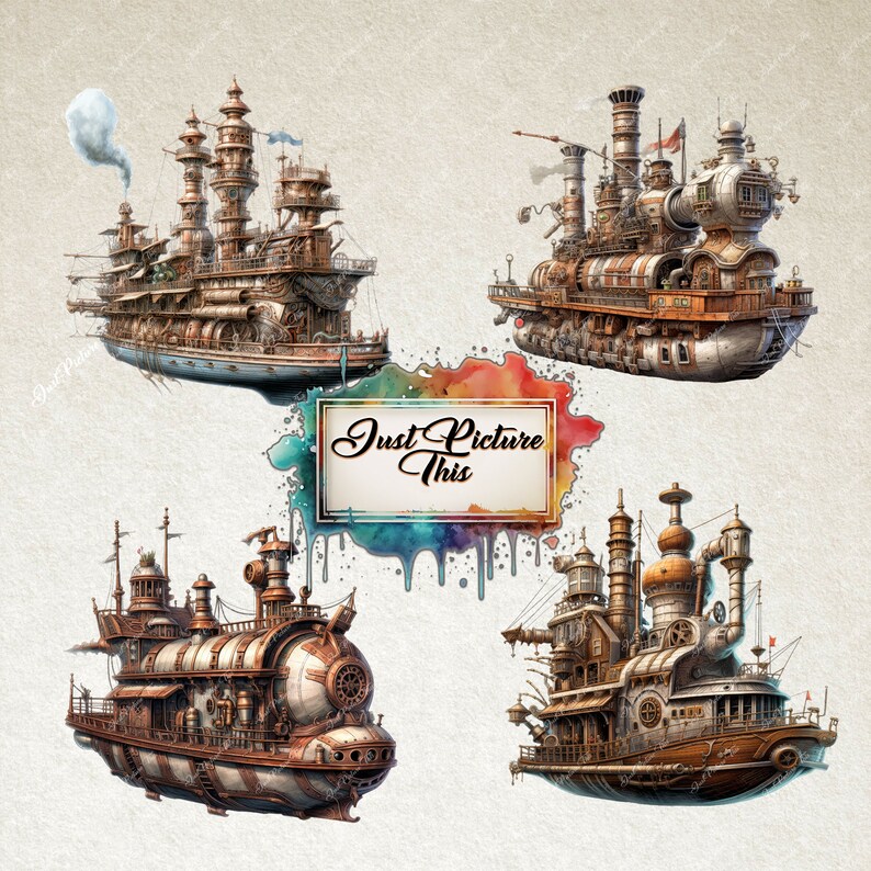 Steampunk Boats Clipart Vintage Ship Nautical Illustrations - Etsy