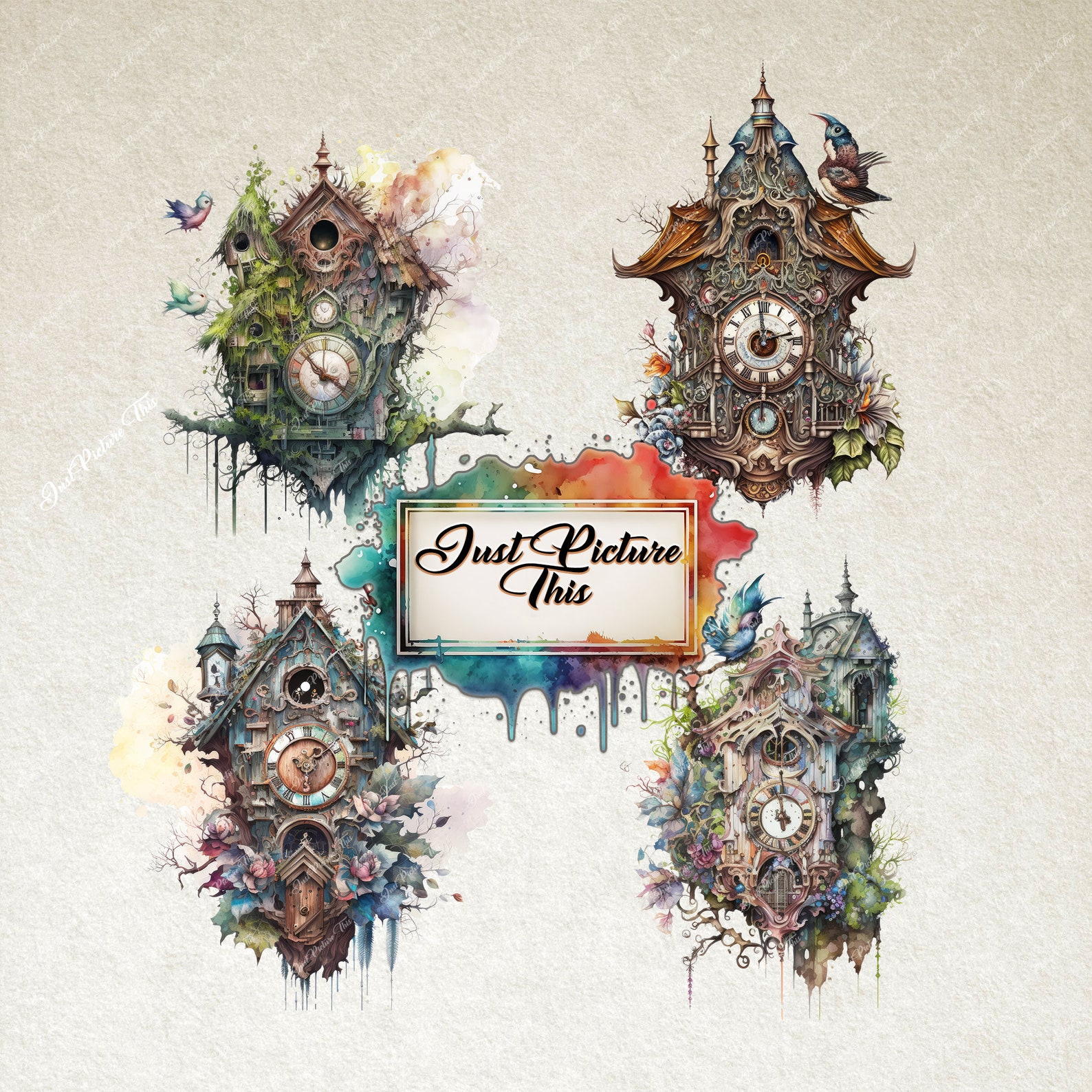 Watercolour Cuckoo Clock Clipart Bundle Unique Timepiece Junk - Etsy