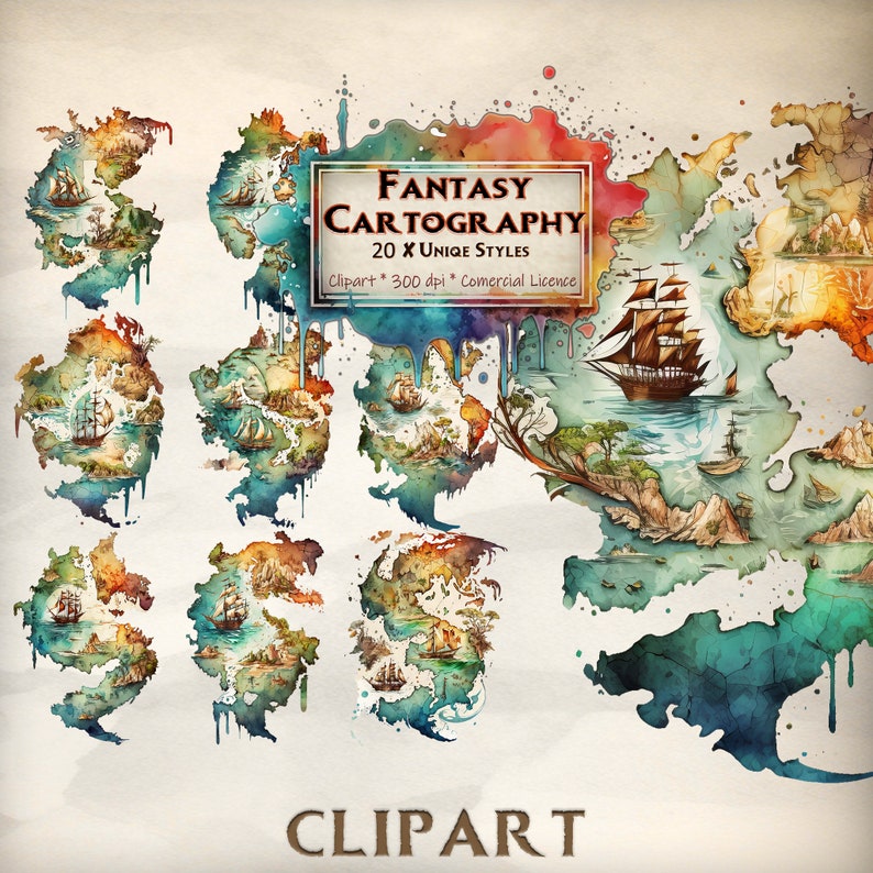 Clipart Fantasy Cartography Maps Watercolor Vintage Fantasy - Etsy