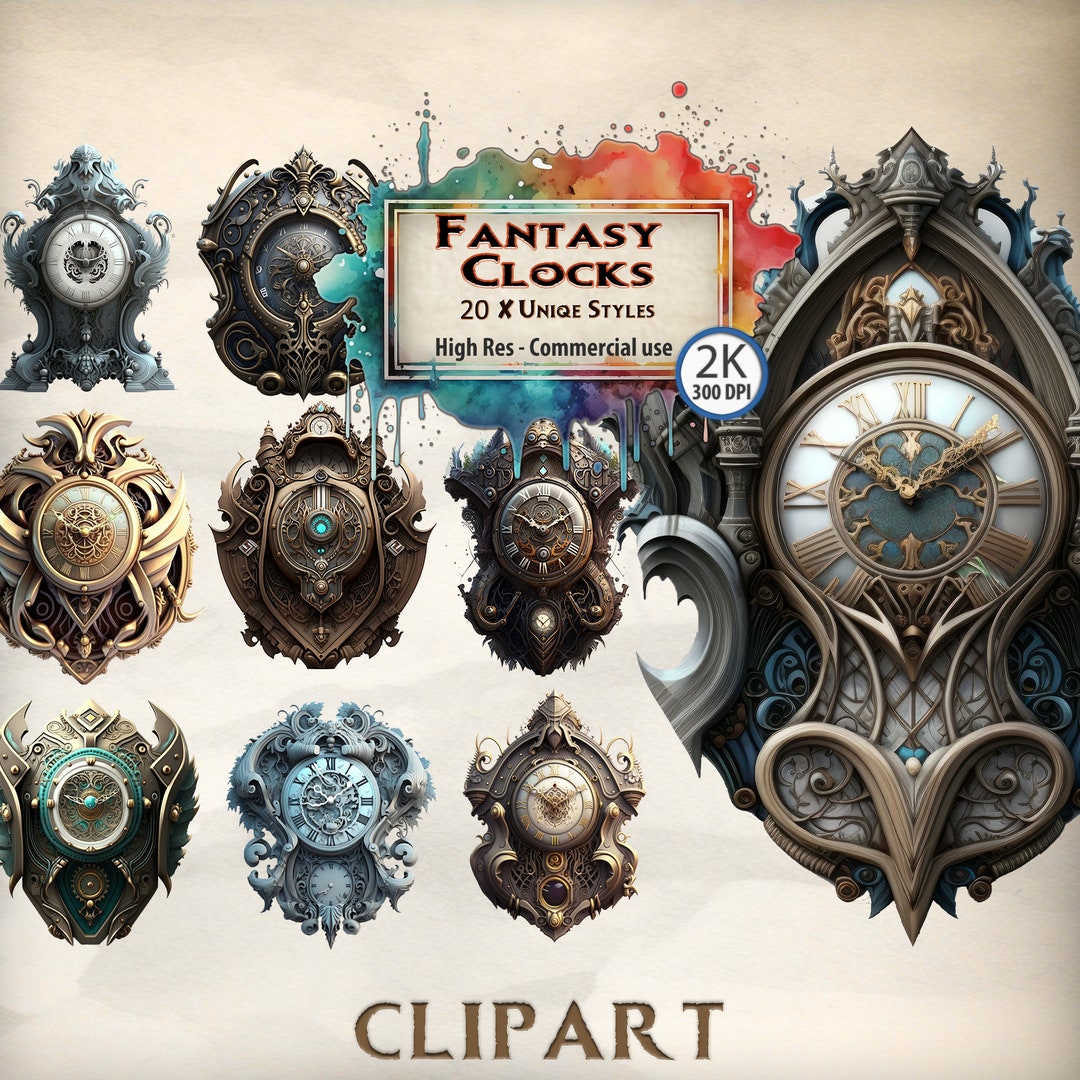 Fantasy Clocks Clipart Bundle Detailed Steampunk Clock Stylized PNG ...
