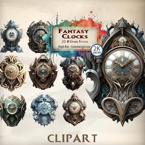Fantasy Clocks Clipart Bundle Detailed Steampunk Clock Stylized PNG ...