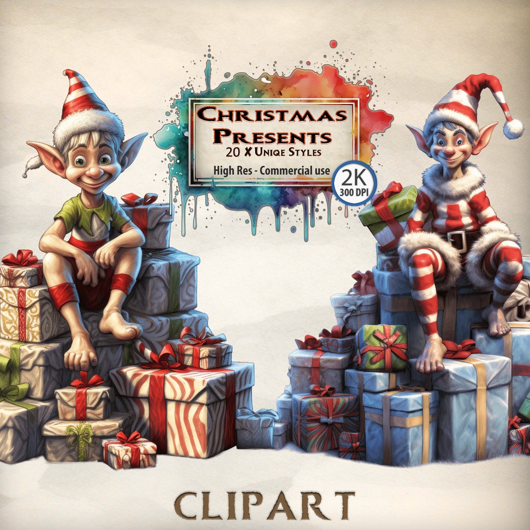 Christmas Presents Clipart Elf Sat With Gifts Wrapped Graphics Santa's ...