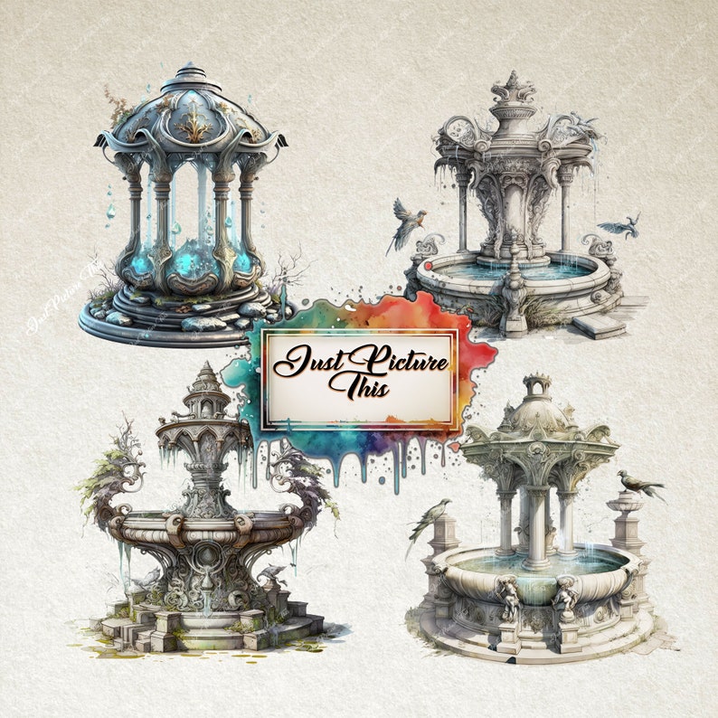 Fantasy Fountain Clipart: Roman Wishing Well PNG Bundle (digital ...