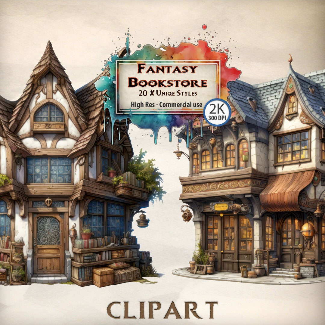 Fantasy Bookstore Clipart Library Building Magical Book Shop Lover Art ...