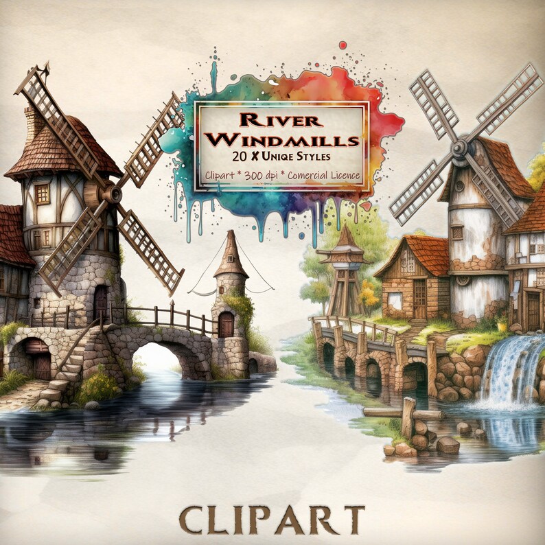 River Windmills Clipart Bundle: A Collection of Scenic - Etsy