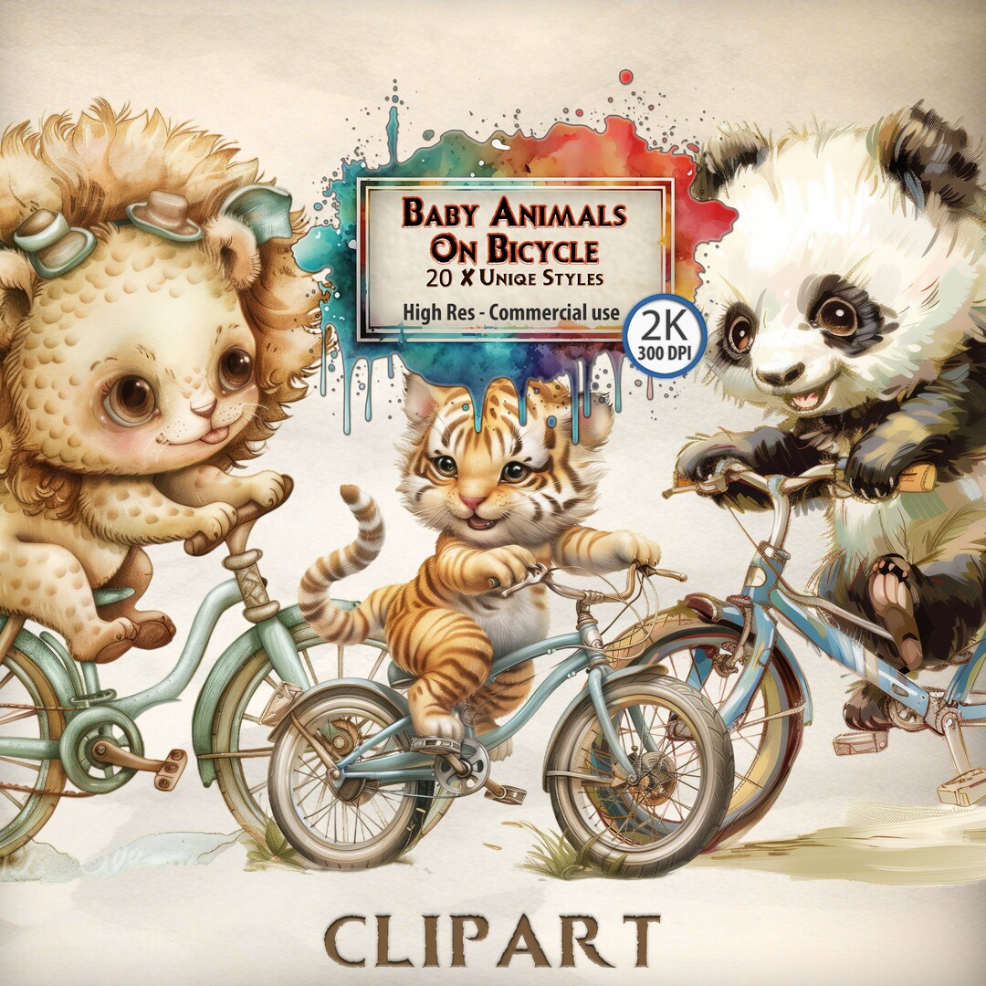 Baby Animals on Bicycle Clipart Bundle: Adorable Animal Cycling ...