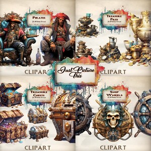 Pirate Clipart Bundle: Treasure Maps, Chests, Ship Battles (PNG Files ...