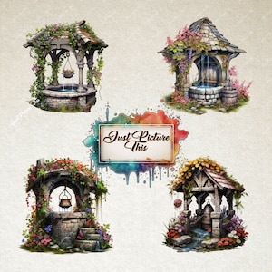 Wishing Well Clipart Floral Medieval Well Graphic Design Wild Flowers ...