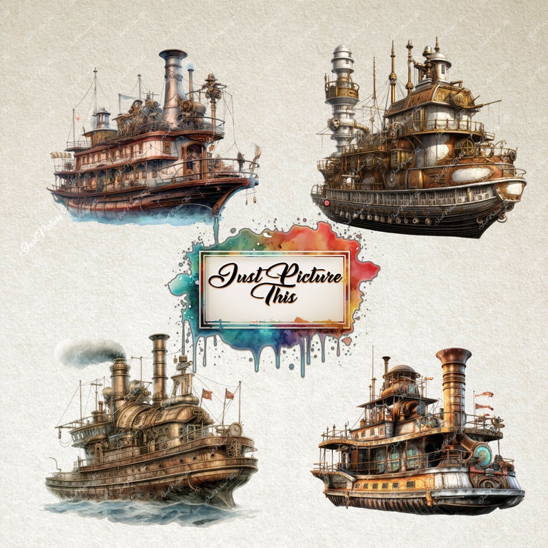 Steampunk Boats Clipart Vintage Ship Nautical Illustrations - Etsy