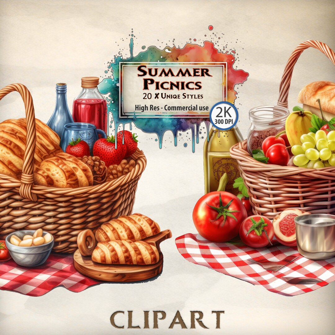 Picnic Clipart Summer Outdoor Food Hamper Nature Blanket Basket Wine ...