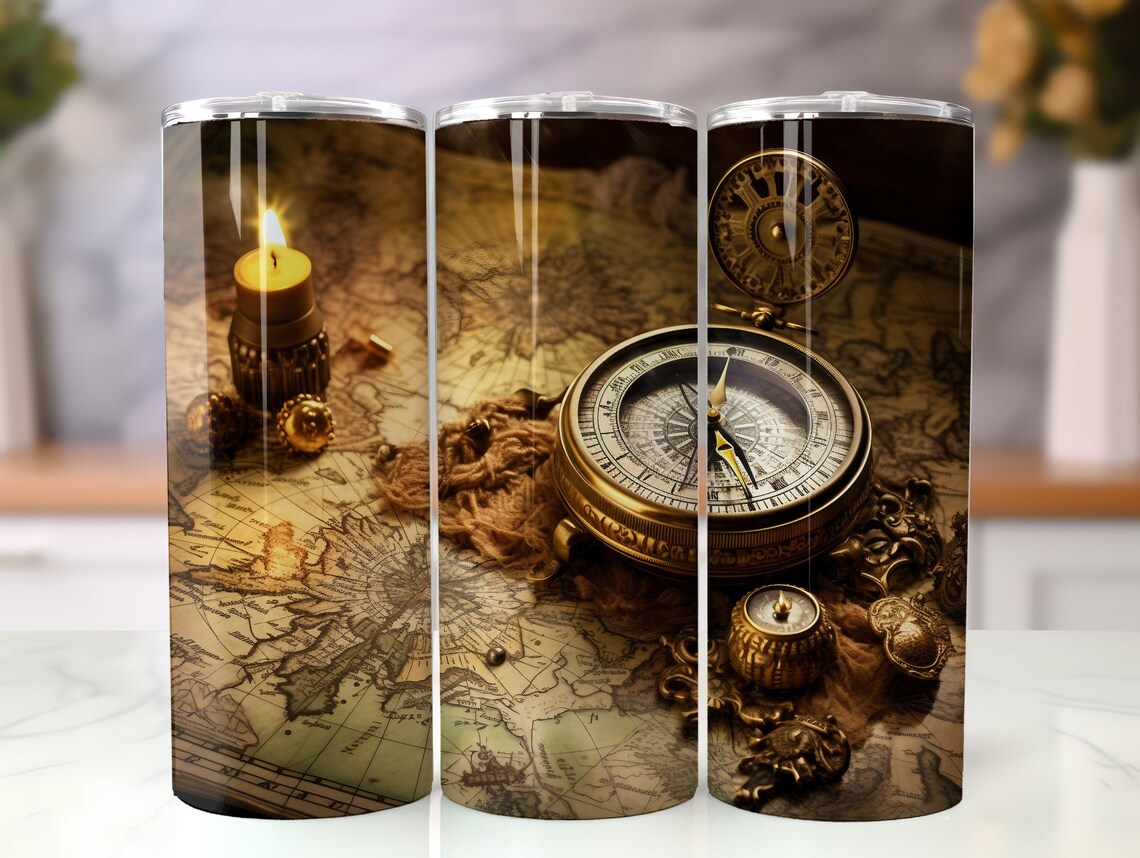 Treasures of the Old World: Antique Map and Compass Tumbler Wrap 20oz ...