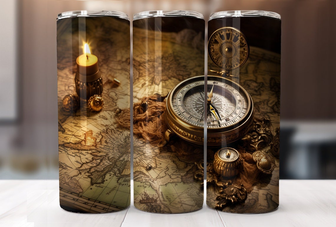 Treasures of the Old World: Antique Map and Compass Tumbler Wrap 20oz ...