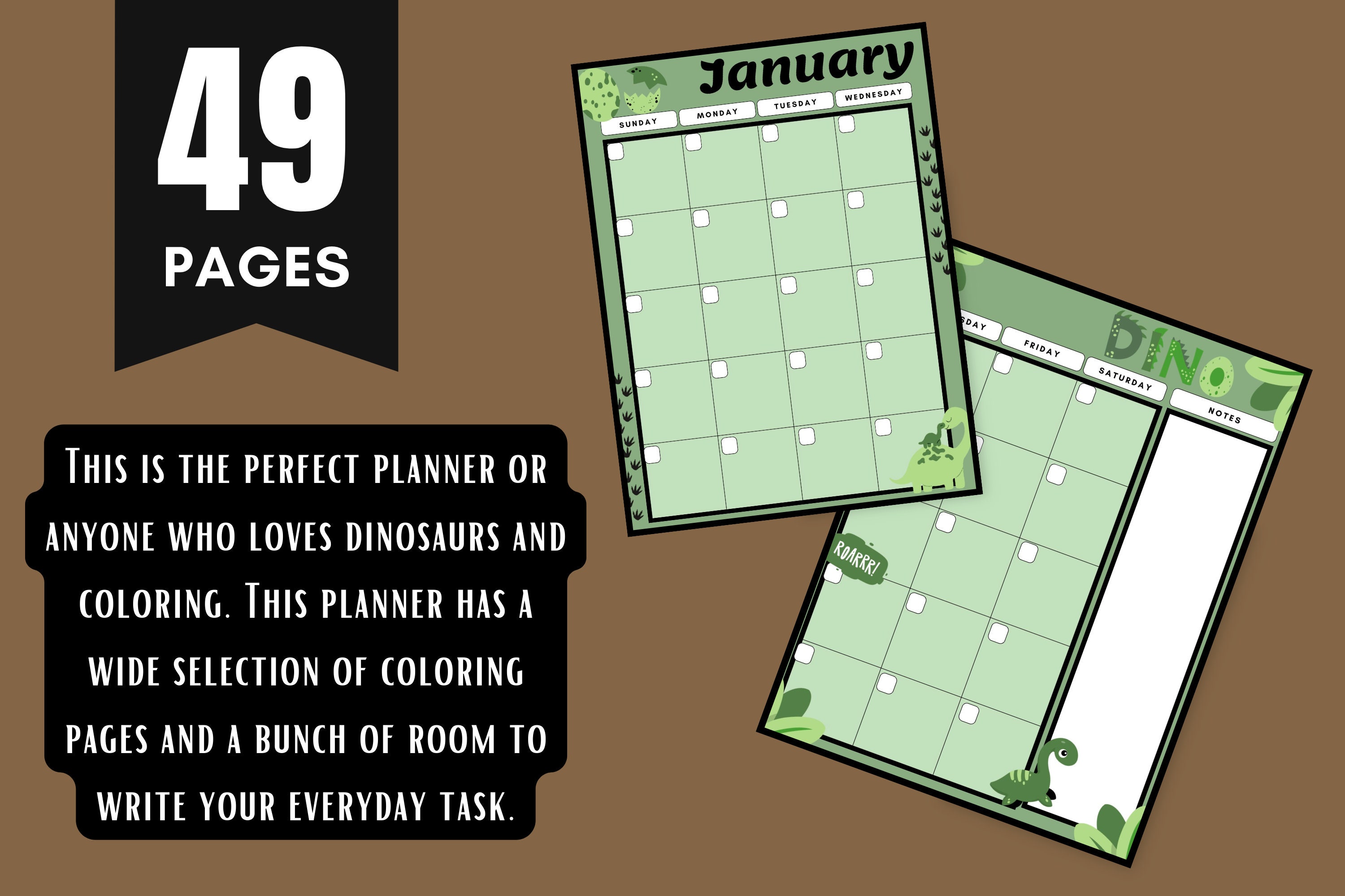 Dinosaur Themed 2024 Planner, Includes Coloring Pages, Monthly Calendar ...