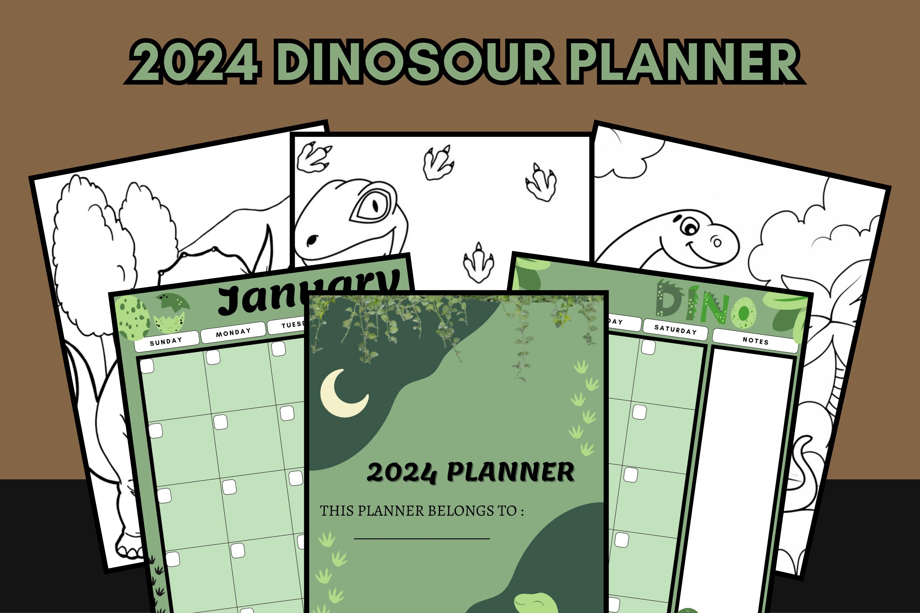 Dinosaur Themed 2024 Planner, Includes Coloring Pages, Monthly Calendar ...