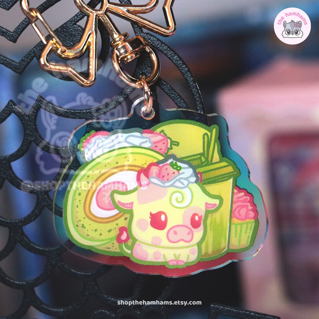 Strawberry Matcha Cow Kawaii Acrylic Keychain, Cute Cow Charm, Ita Bag ...