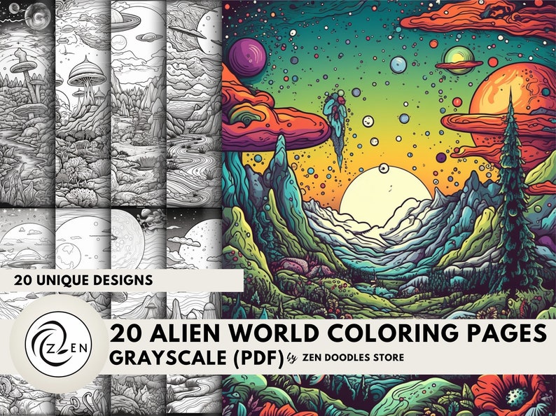 Alien Worlds Coloring Pages, Space, Science Fiction, Adults Kids Teens ...