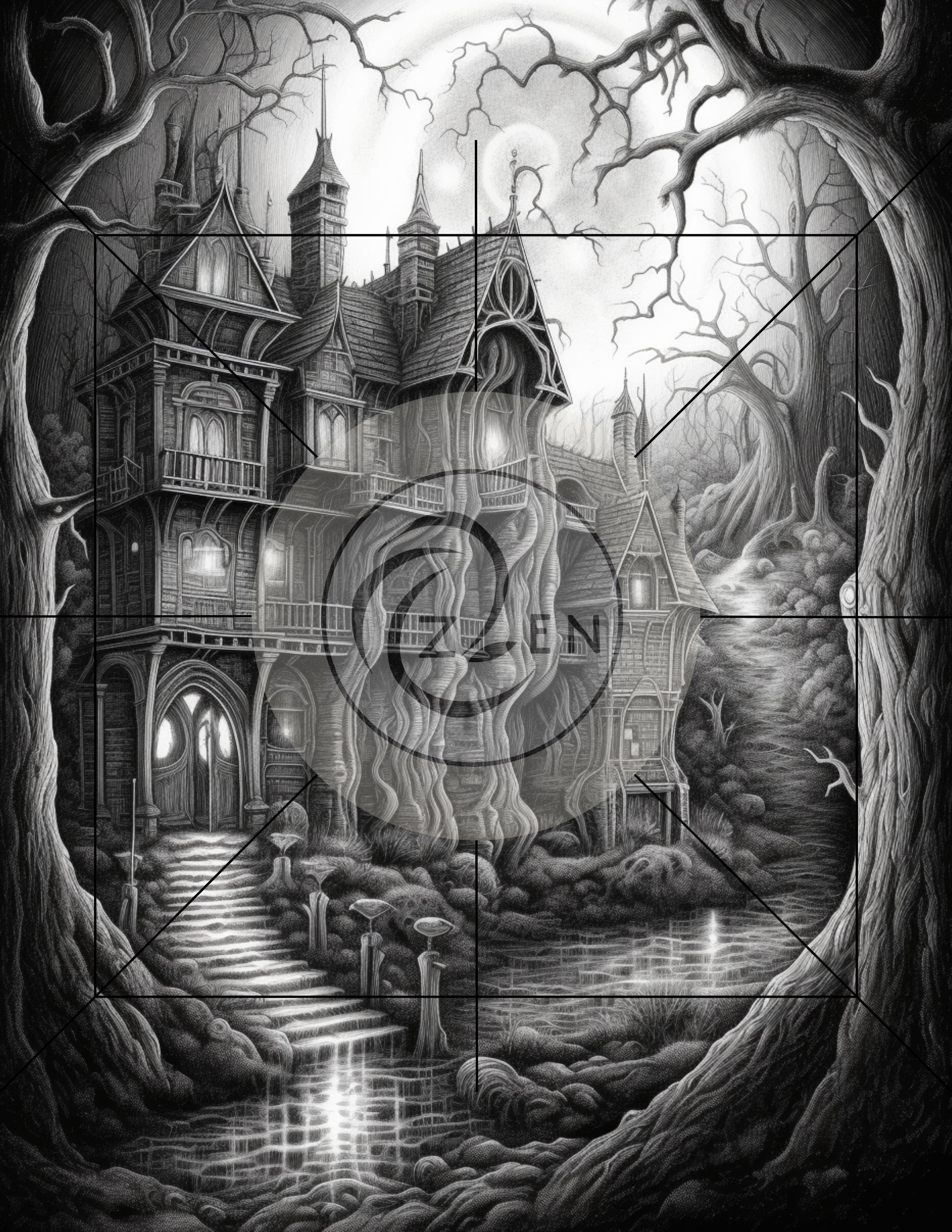 Haunted House Coloring Pages Scary Ghost Intricate High - Etsy