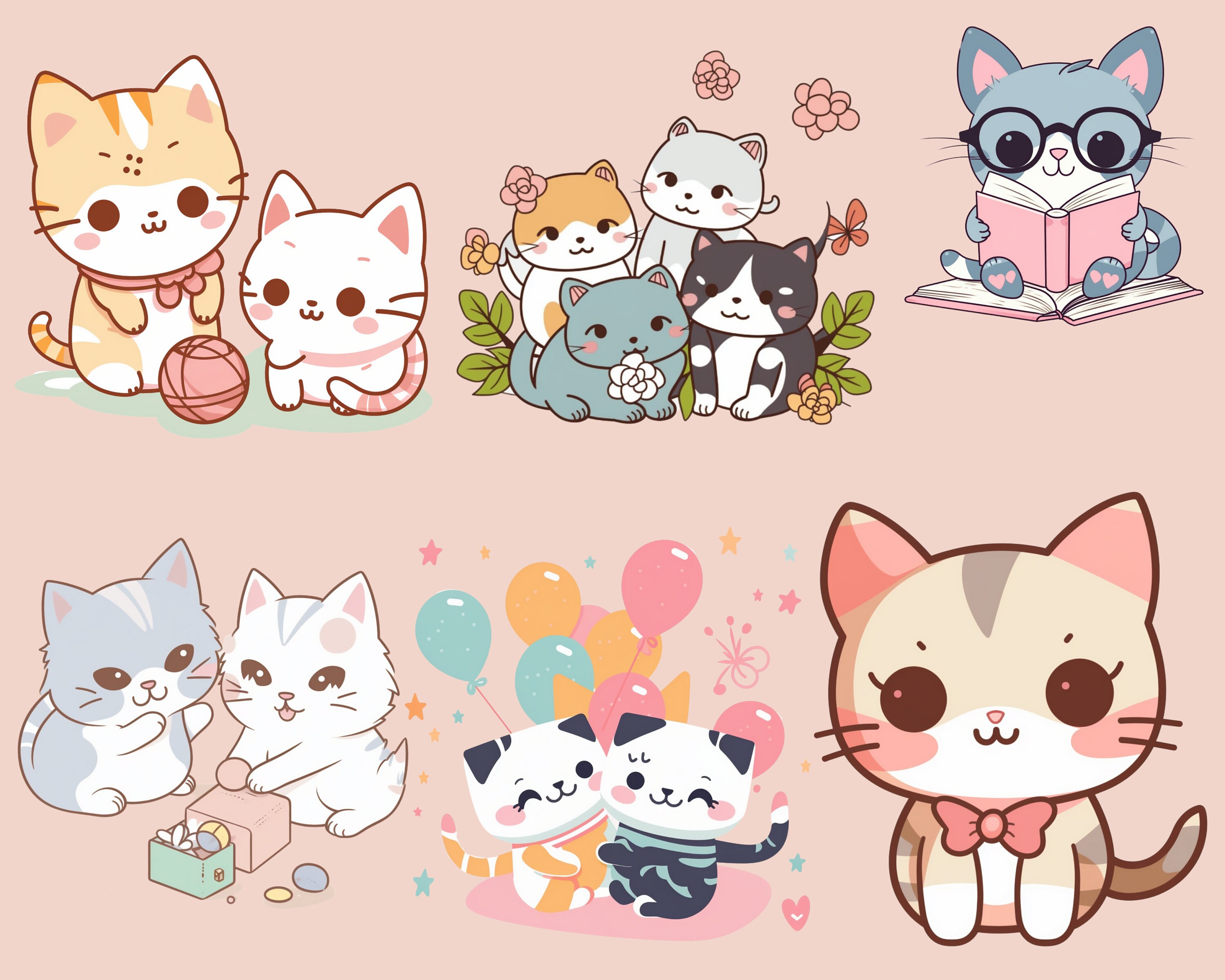 Kawaii Cats Digital Stickers, Clipart for Stickers, Cute Cat Icons, Cat ...