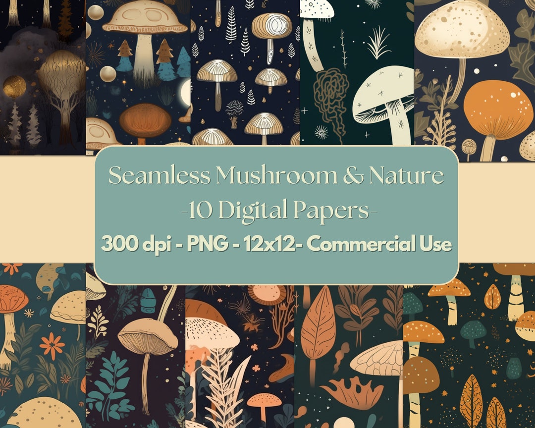 Seamless Mushroom and Forest Pattern Digital Paper Download, Repeatable ...