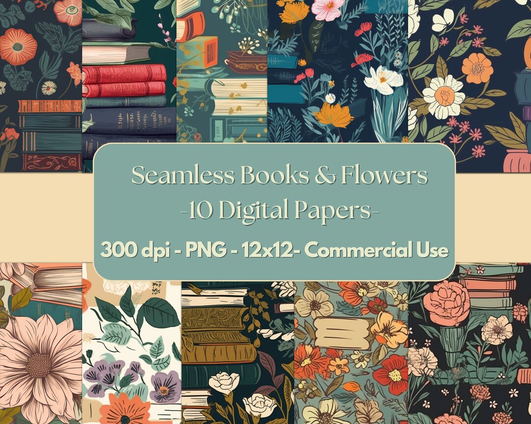 Seamless Books and Floral Pattern Digital Paper Download, Repeatable ...