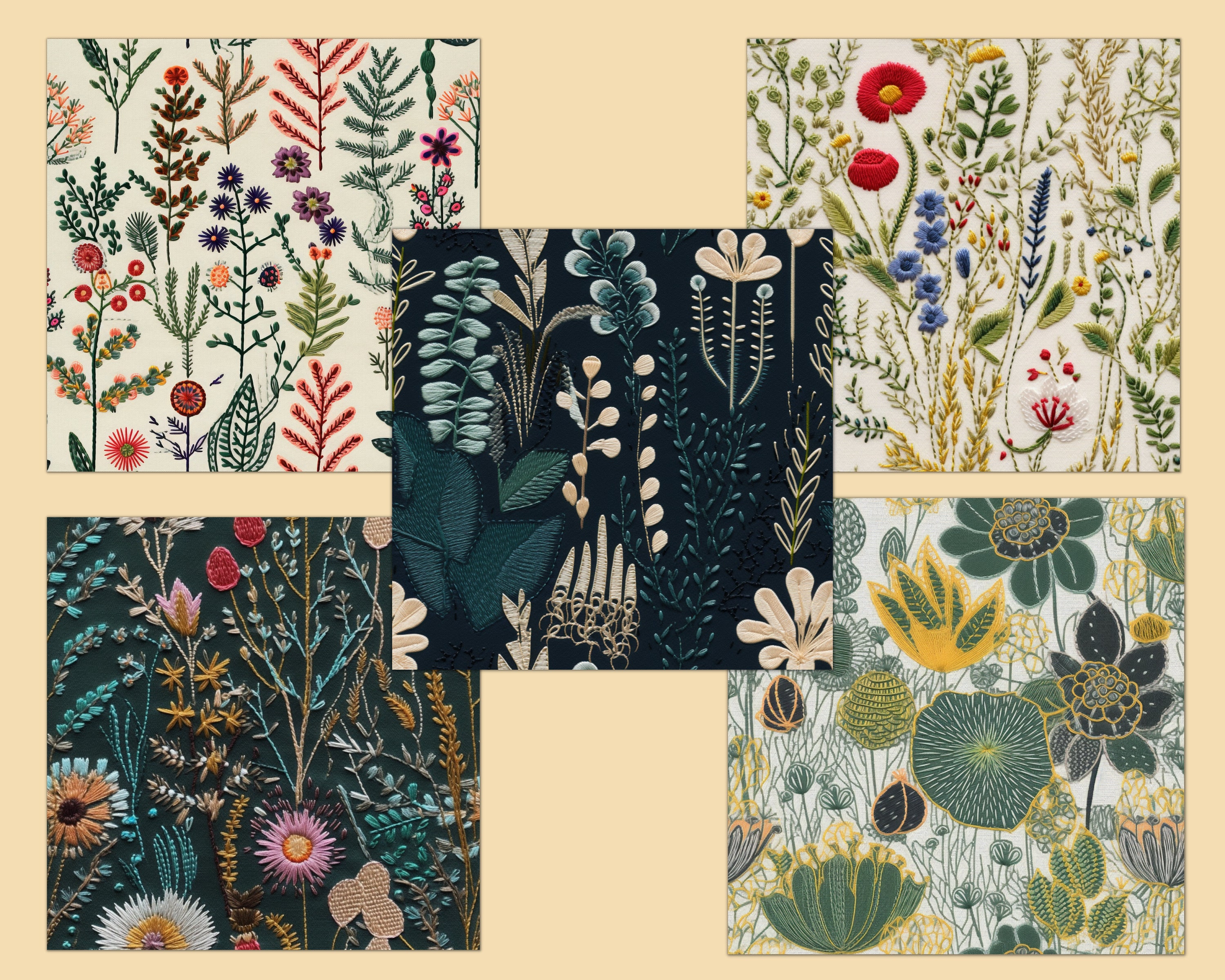 Seamless Embroidery Flowers & Plants Pattern Digital Paper Download ...