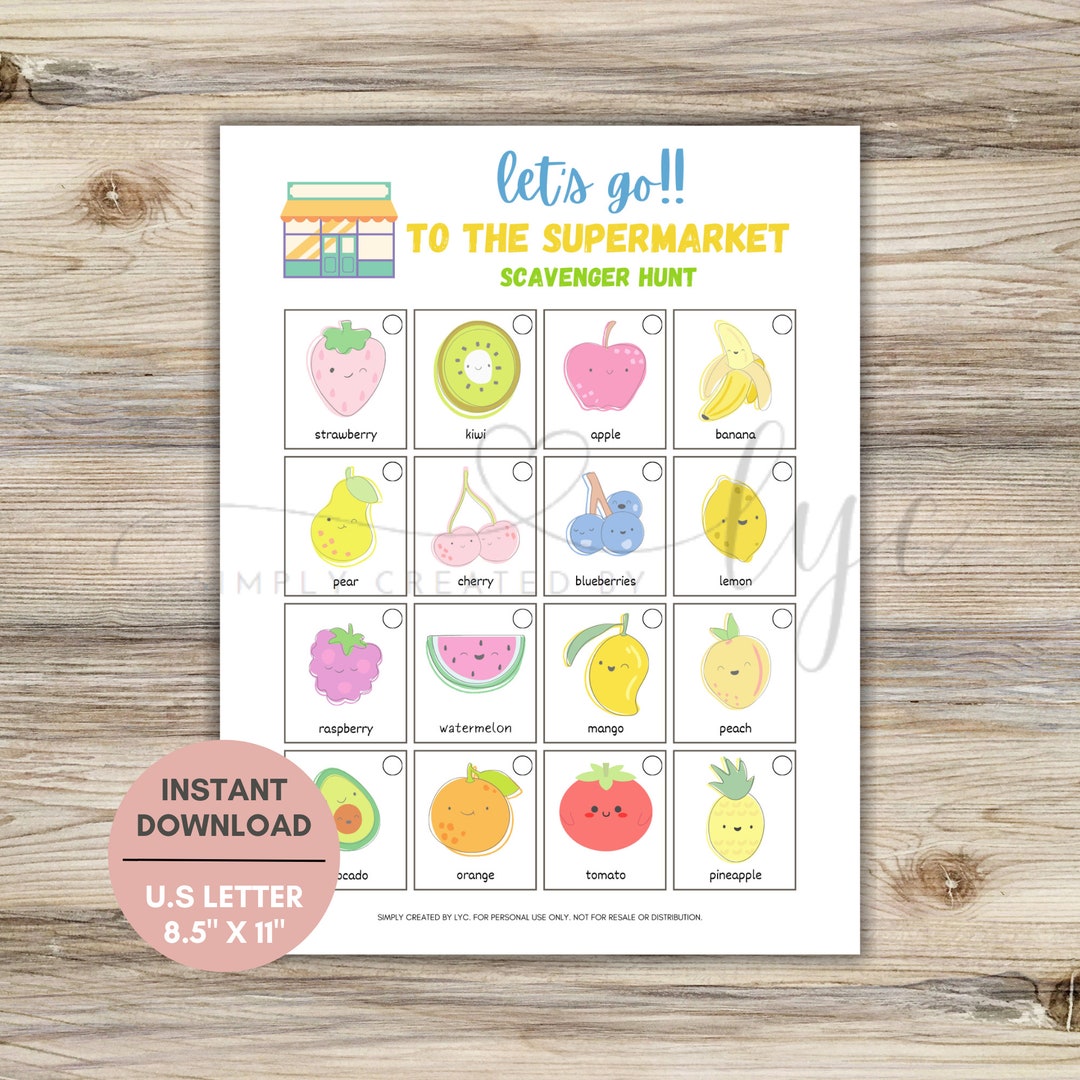 Supermarket Fruits Scavenger Hunt, Indoor Treasure Hunt Printable ...