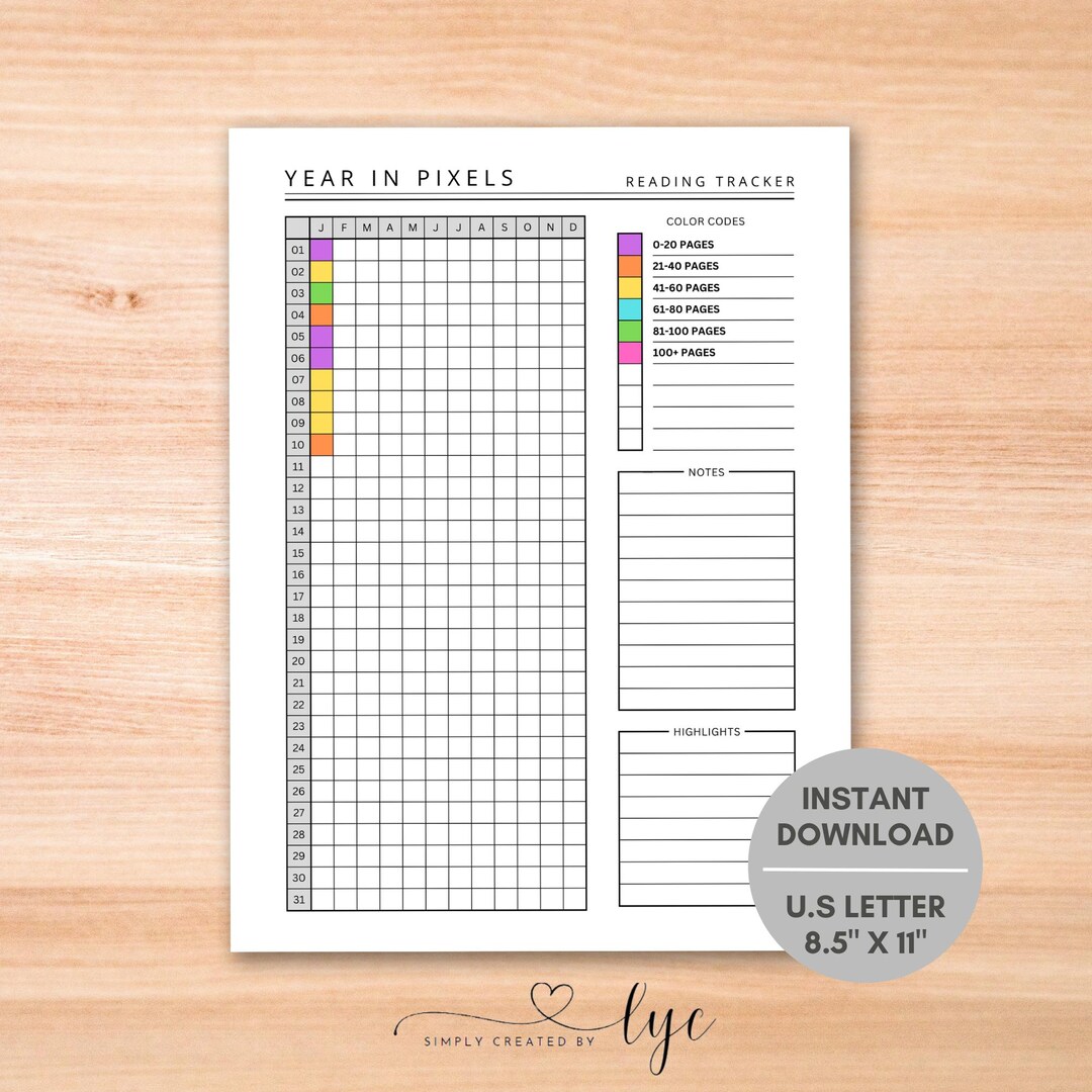 Reading Tracker, Year in Pixels, Daily Reading Tracker, Monthly Tracker ...