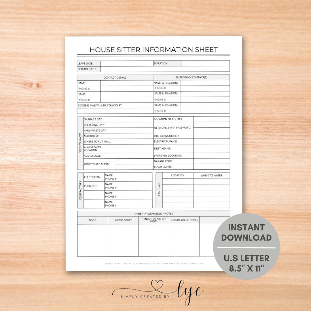 House Sitter Information Sheet, House Sitting Checklist, House Sitting ...