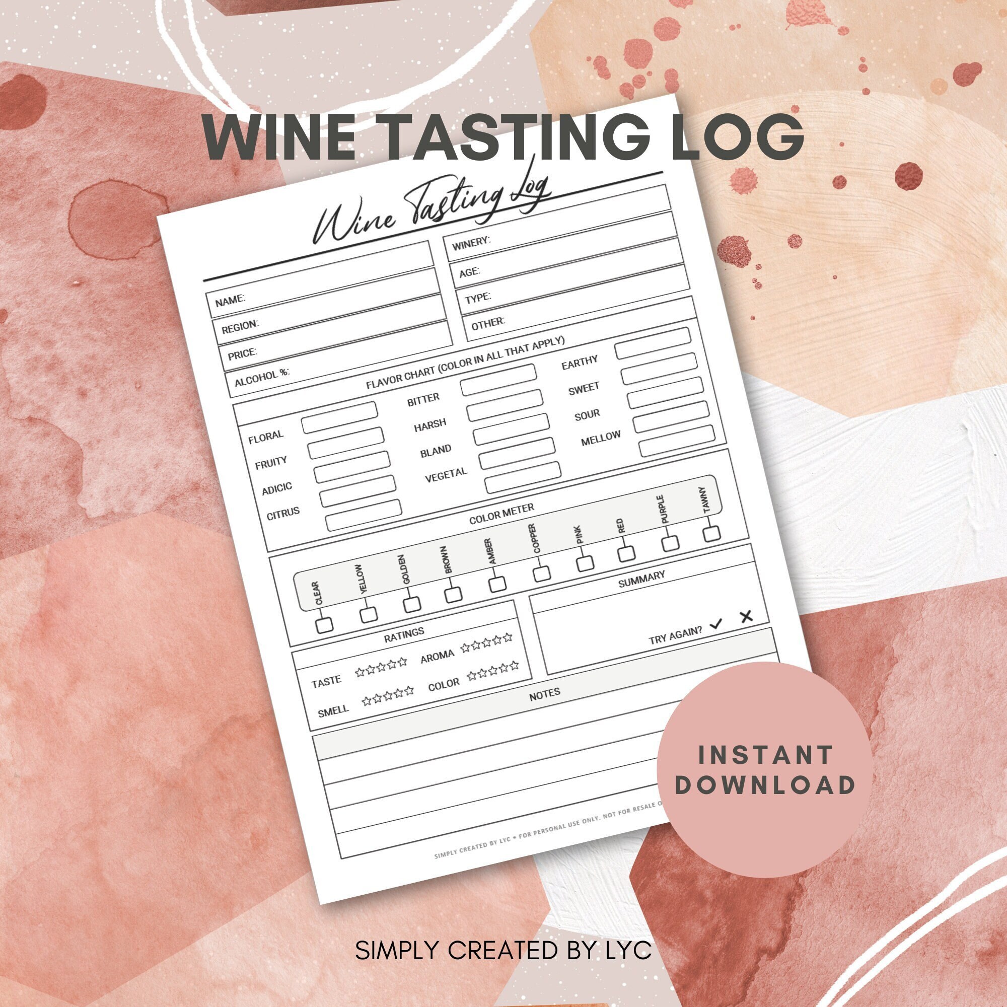 Wine Tasting Log, Wine Lover, Wineries, Wine Tasting Tracker, INSTANT ...