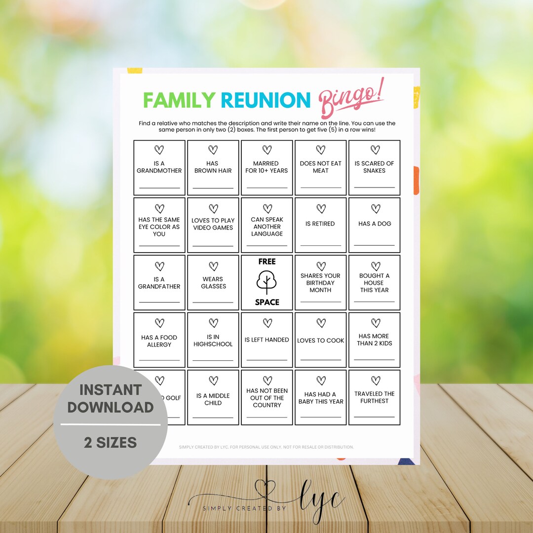 Family Reunion Bingo, Find the Relative Bingo Game, Family Reunion ...