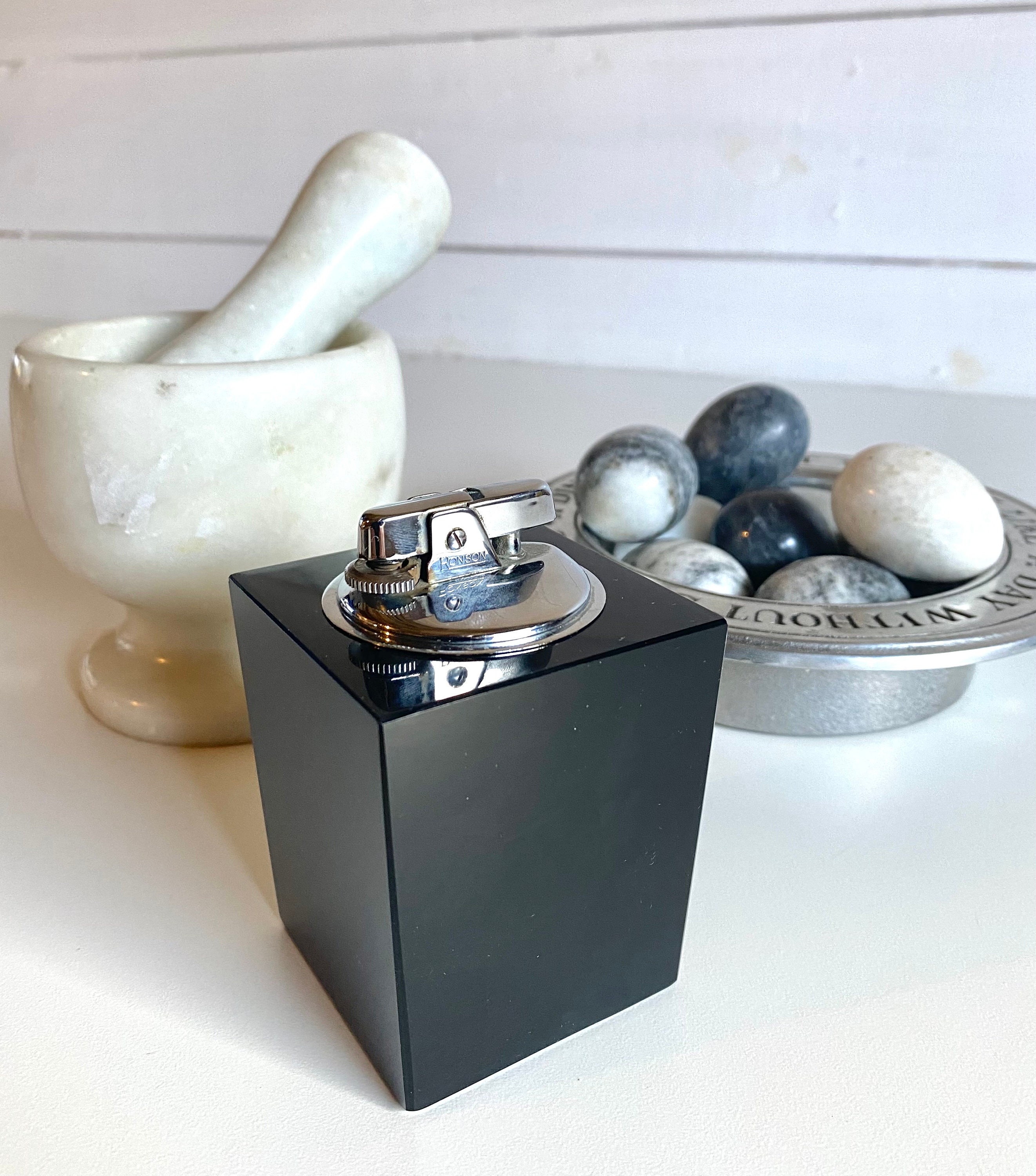 Large Vintage Ronson Black Glass Table Lighter Smoking Accessories Mid ...