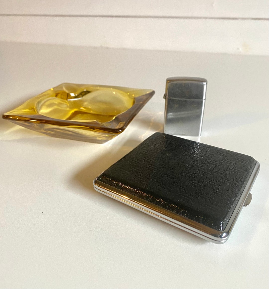 Vintage Black Leather Clad Cigarette Case & Rogers Lighter Smoking ...