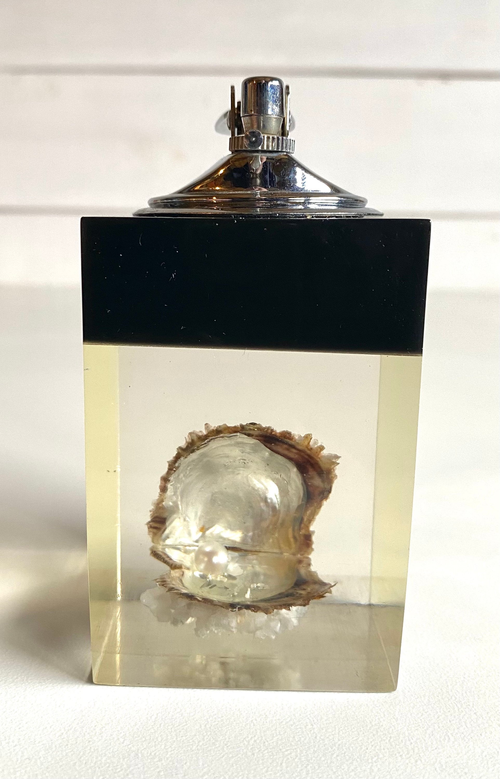Vintage Lucite Table Lighter With Trapped Seashell and Pearl Smoking ...