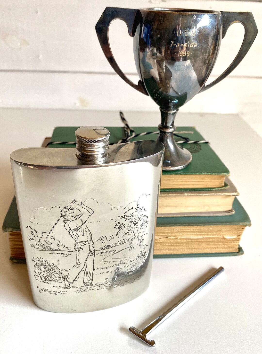 Vintage Birks Pewter Golf Themed Hip Flask Ashes Barware Mid Century ...