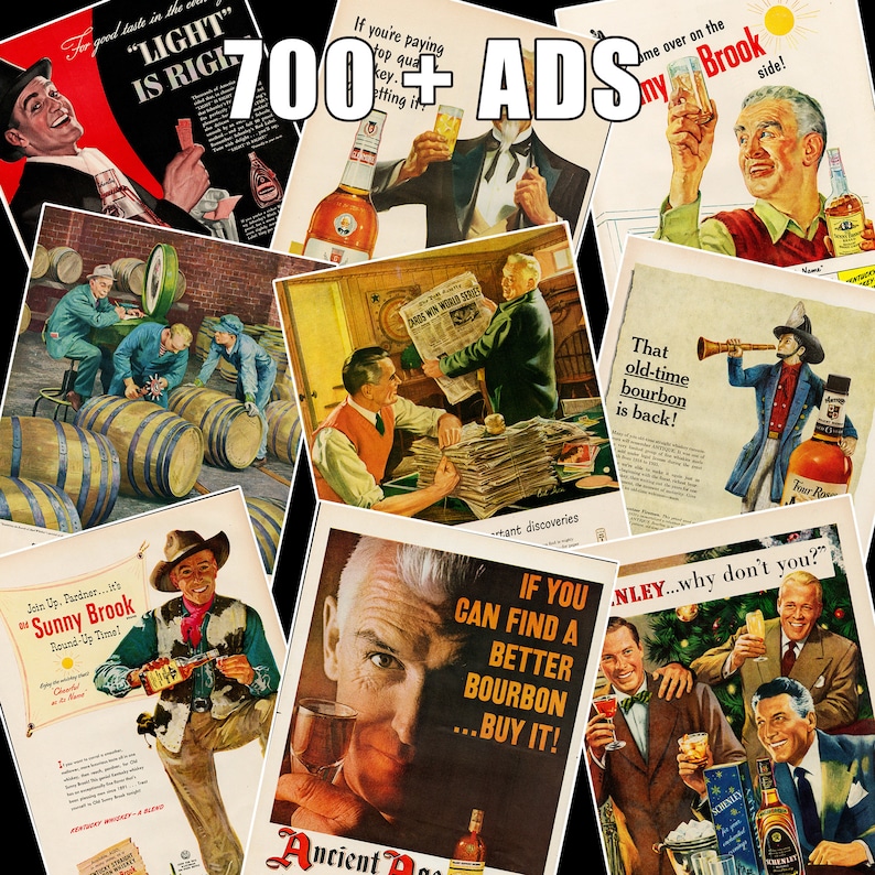 Vintage Advertisements Ads Alcohol Whiskey Cocktails Drinks 30s 40s 50s 60s Digital Retro Wall ...