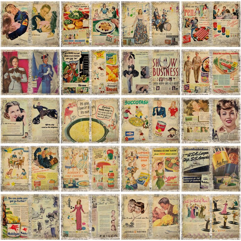 Junk Journal Pages Tags 1940s 40s Advertising Ads Aged Digital Download ...