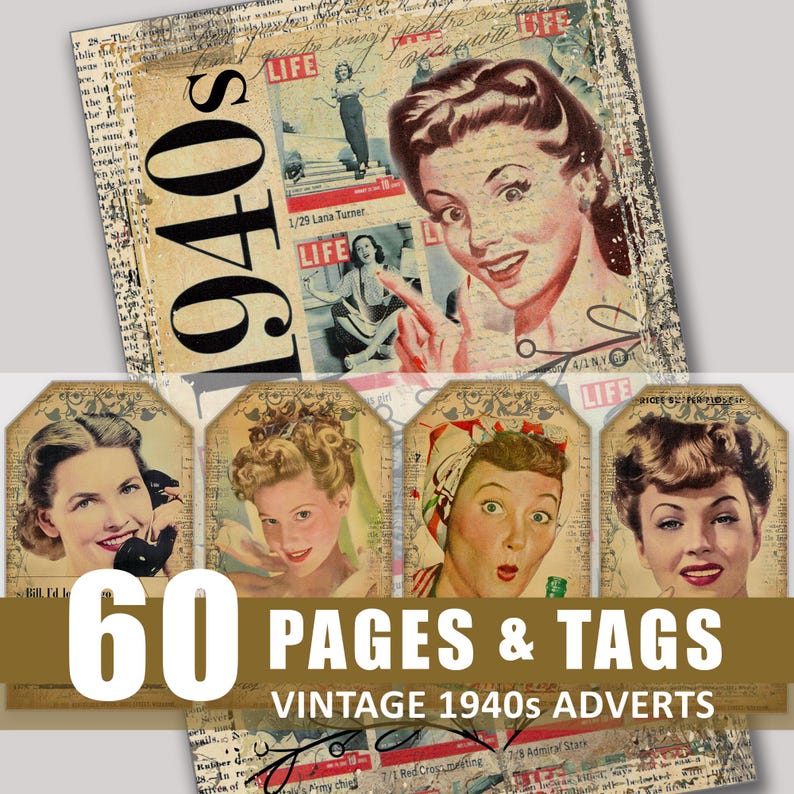 Junk Journal Pages Tags 1940s 40s Advertising Ads Aged Digital Download ...