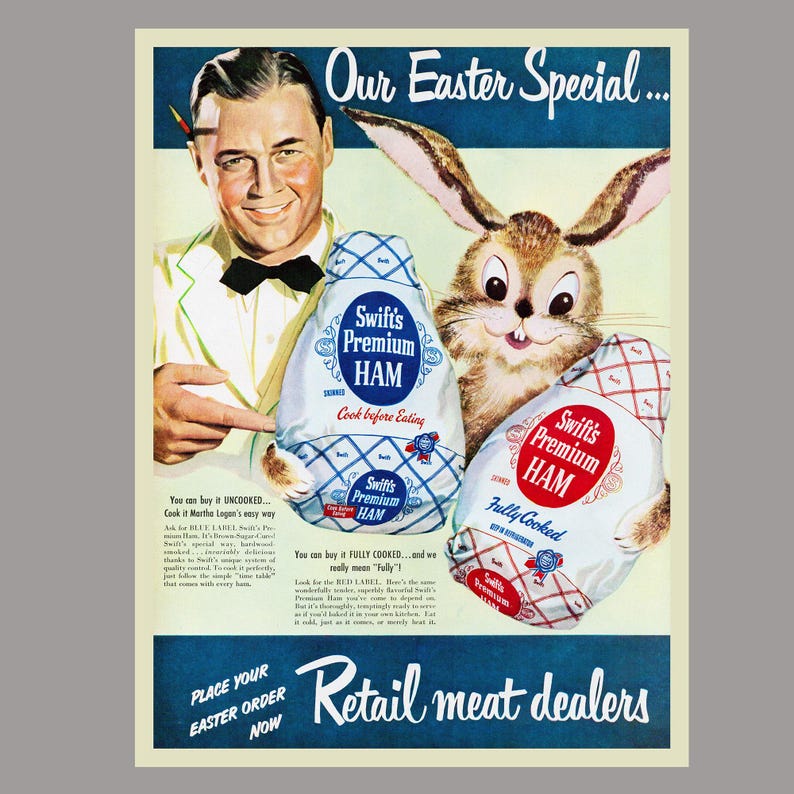 1951 Easter Ham Ad Print, Butcher Bunny Vintage Advertisement (digital ...