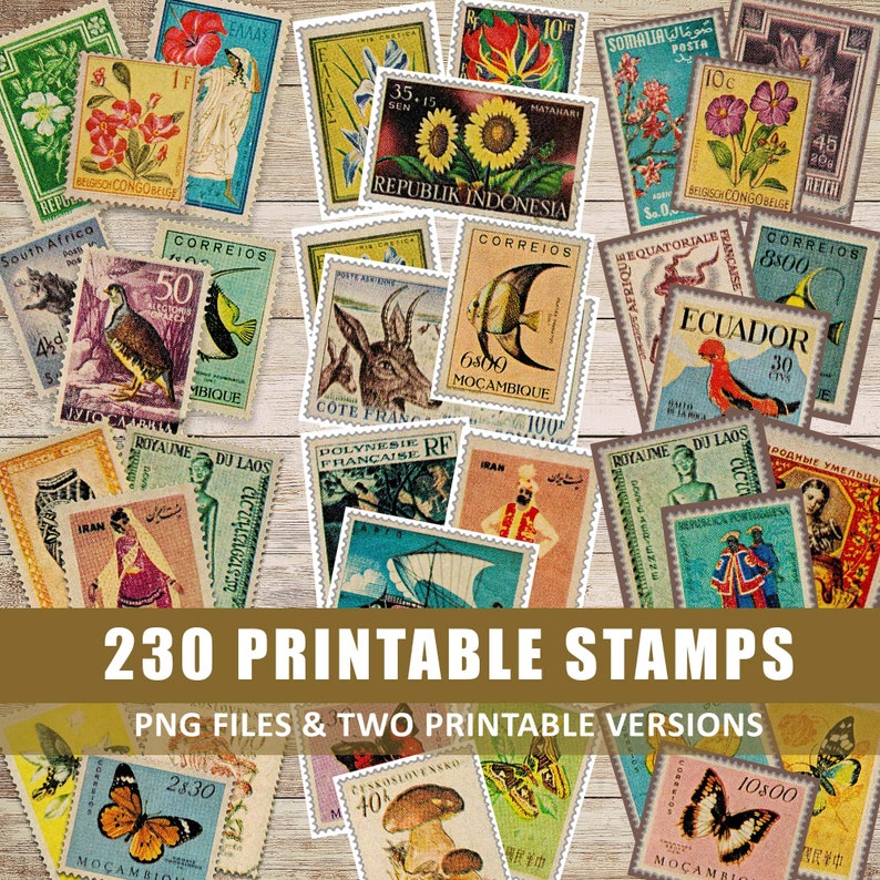 Digital Ephemera Old Postage Stamps Faux Junk Journal Printable Collage ...