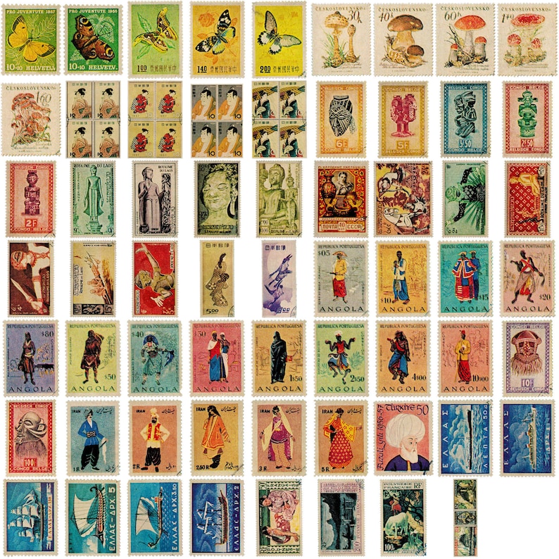Digital Ephemera Old Postage Stamps Faux Junk Journal Printable Collage ...