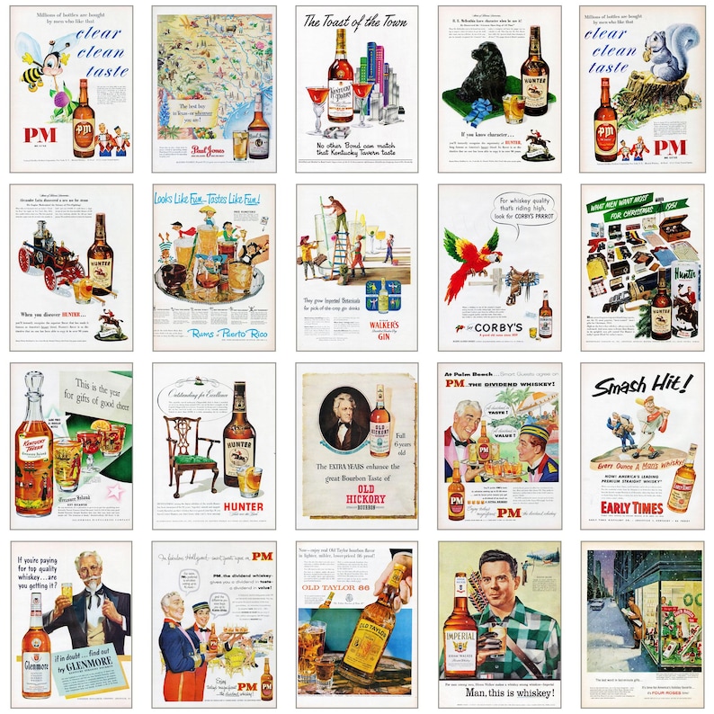 Alcohol Whiskey Ads Vintage Advertisements Retro Bar Decor (digital ...