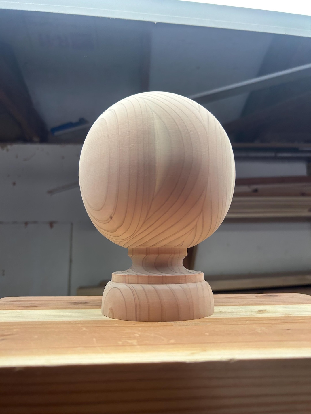 Newel Post Wood Ball Finial With Small Base 5 1/4 Ball Diameter Redwood ...