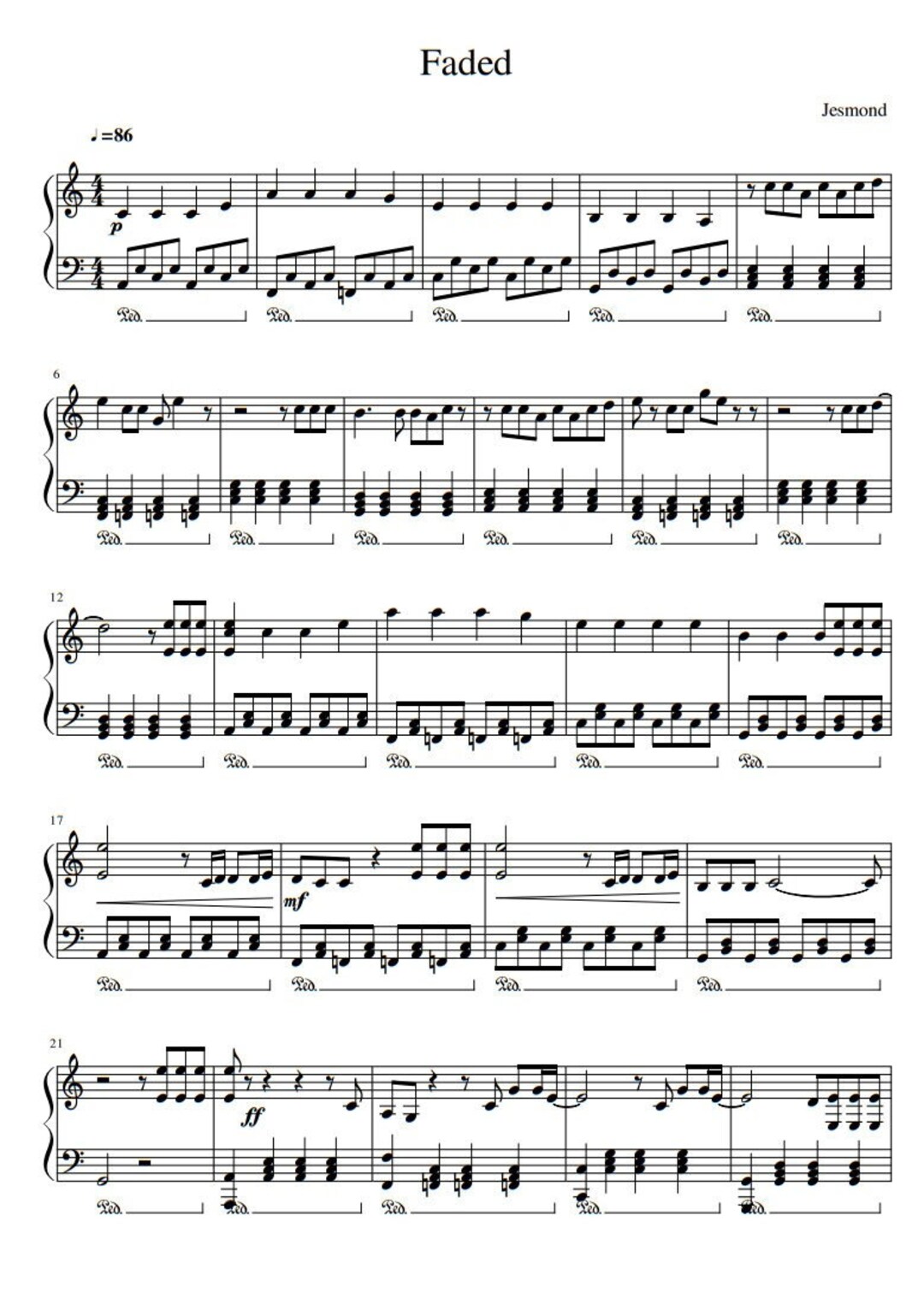 Alan Walker Faded hard Piano Sheet Music - Etsy