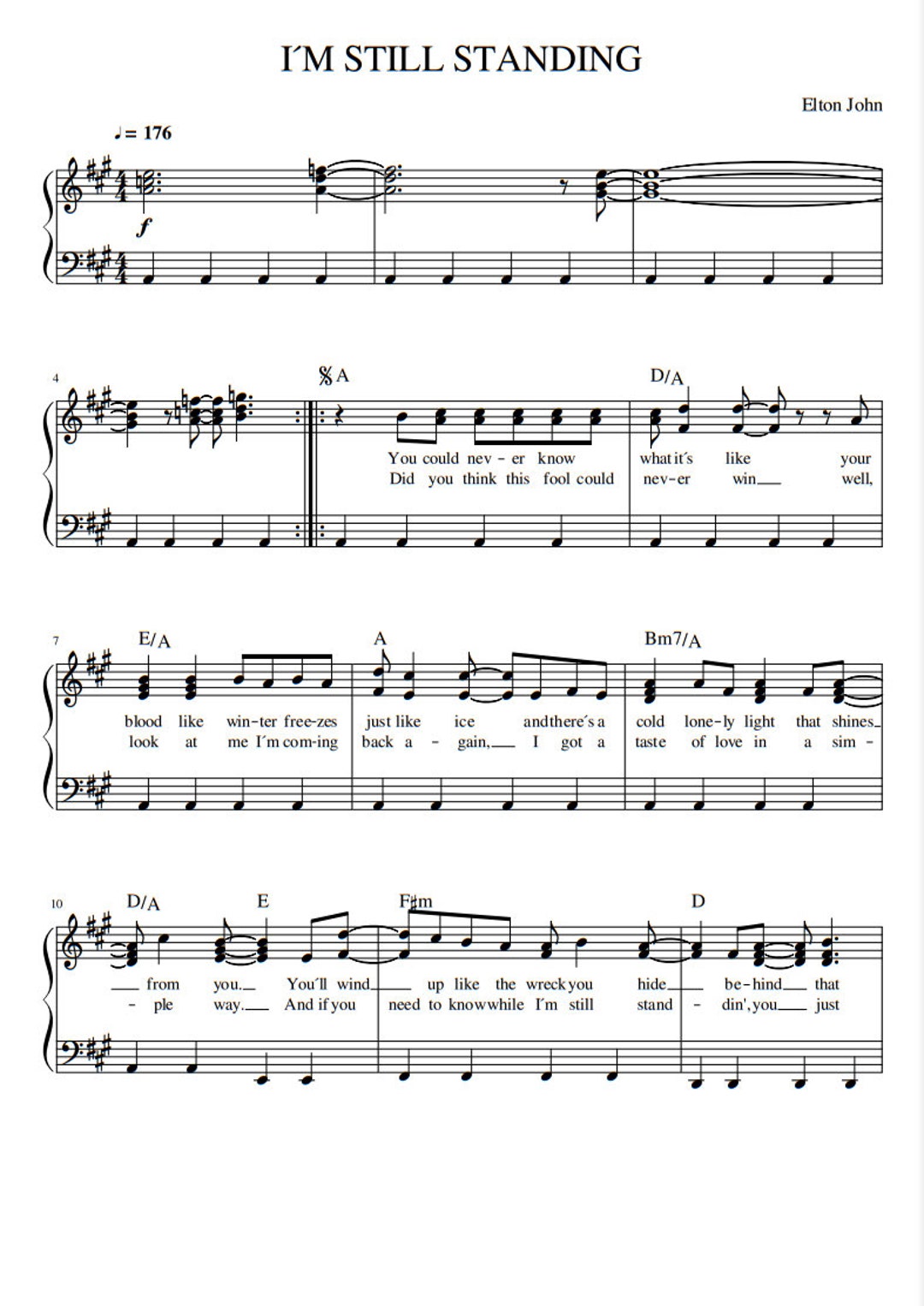 Elton John I'm Still Standing piano Sheet Music PDF - Etsy
